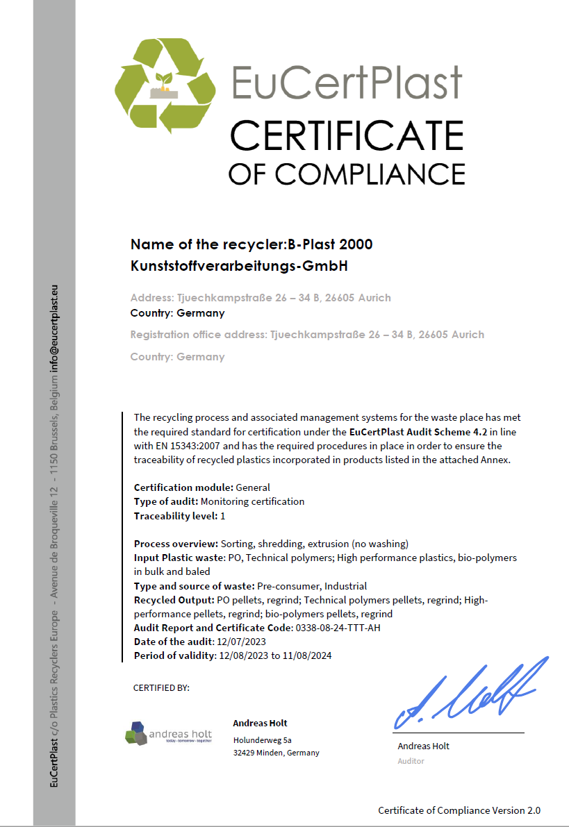 Zertifizierung: B-Plast 2000